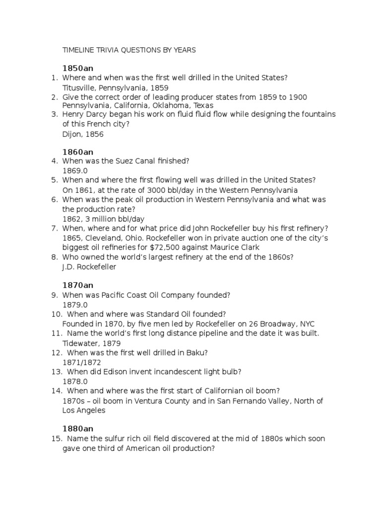 Timeline Trivia Questions by Years | PDF | Petroleum Industry | Petroleum