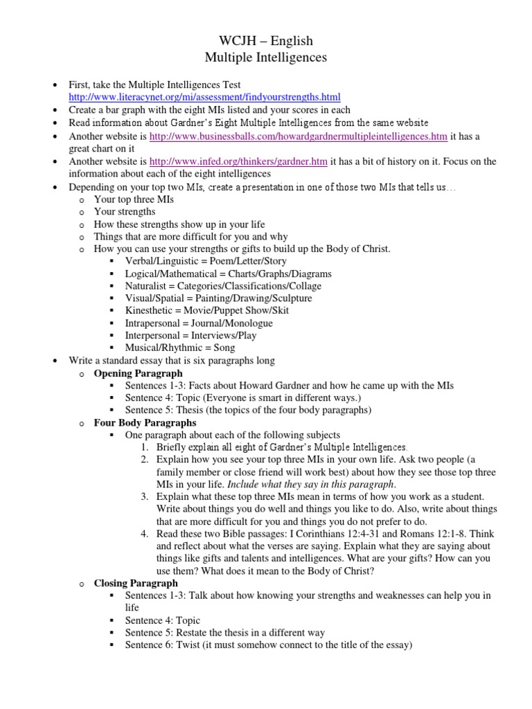 Multiple Intelligences Project | PDF | Paragraph | Writing