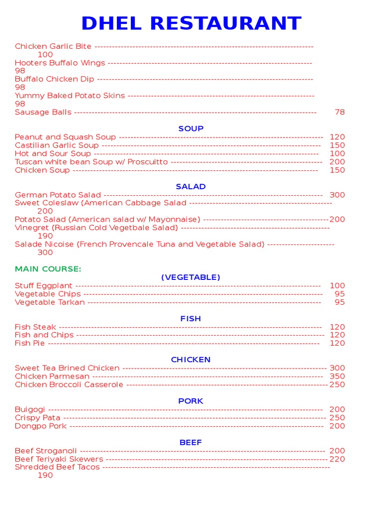 Dhel Restaurant: Main Course | PDF