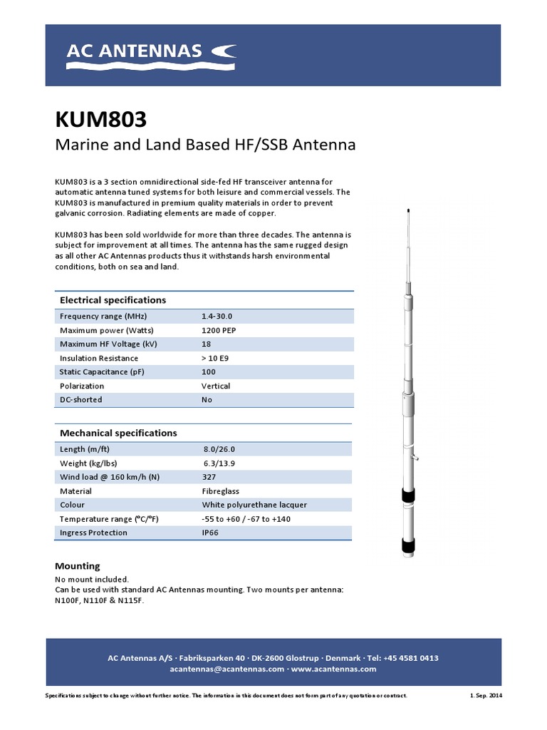 Marine and Land Based HF/SSB Antenna: Electrical Specifications | PDF