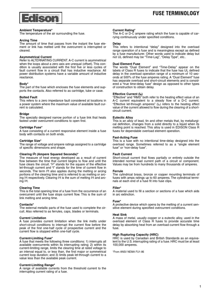 Fuse Terminology: From ANSI/ NEMA FU1-86 | PDF | Fuse (Electrical ...