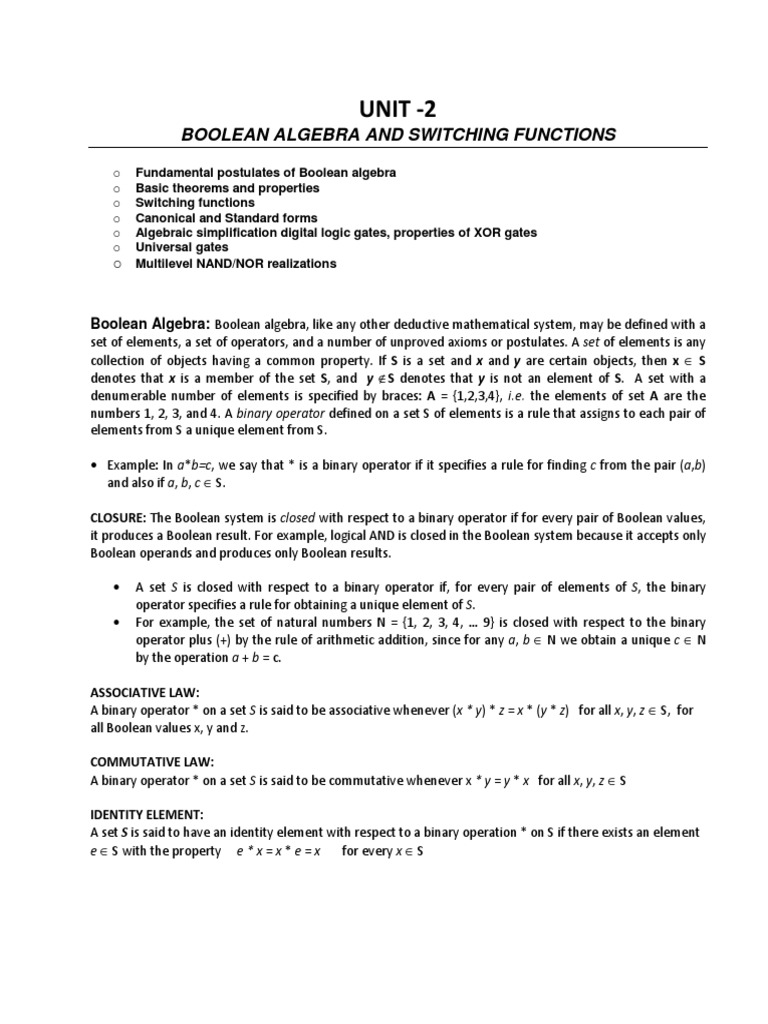 Unit - 2: Boolean Algebra and Switching Functions | PDF | Boolean Algebra | Teaching Mathematics