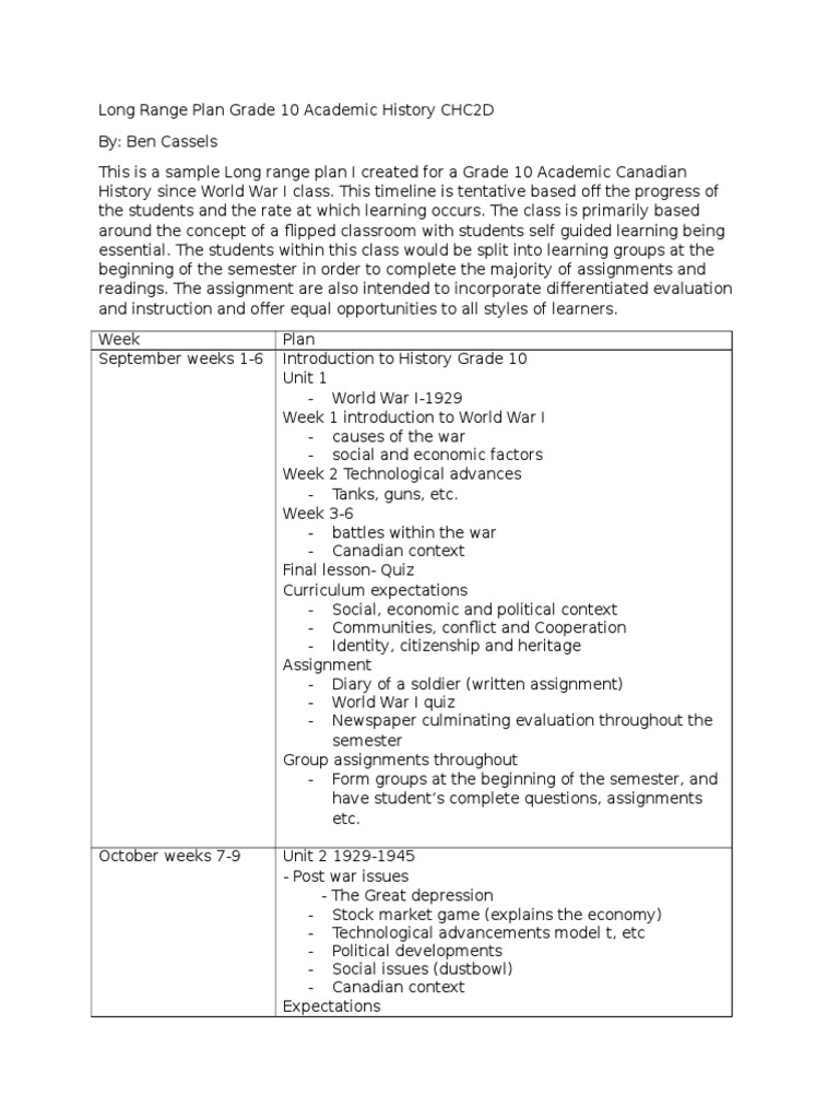 Grade 10 Canadian History Long Plan | PDF | Canada | Teaching