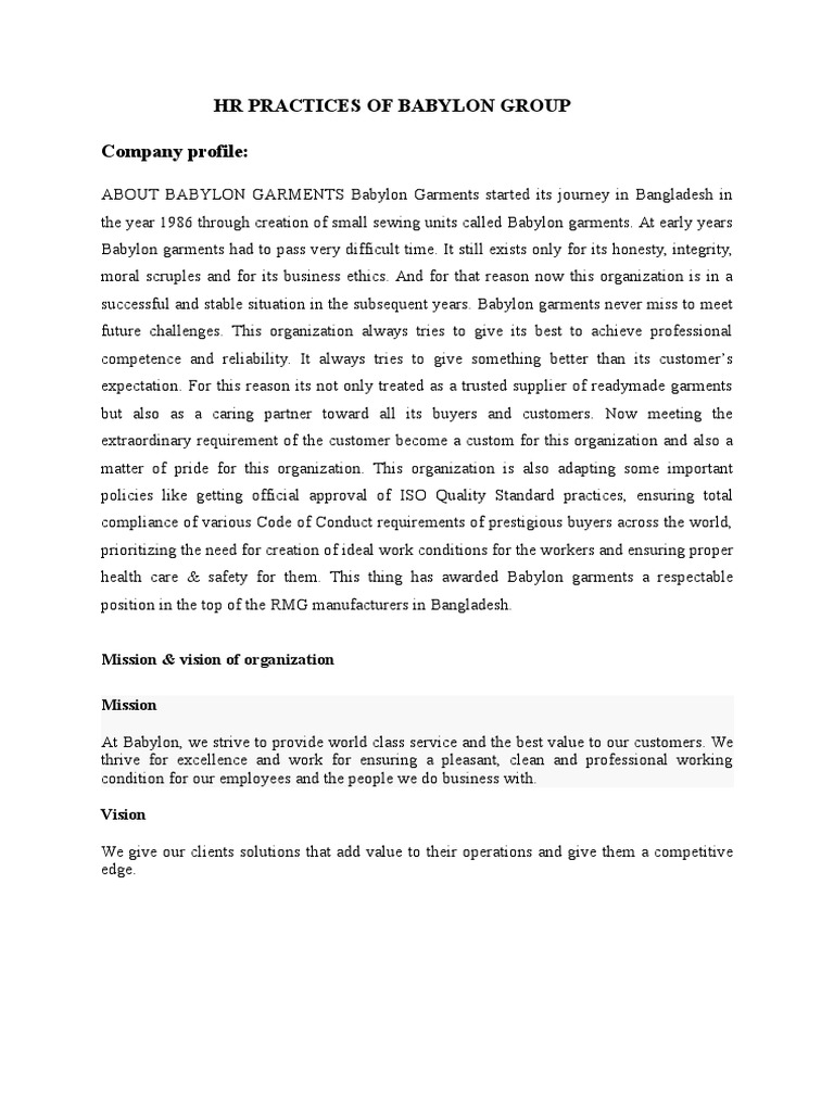 HR Practices of Babylon Group Company Profile:: Mission & Vision of ...