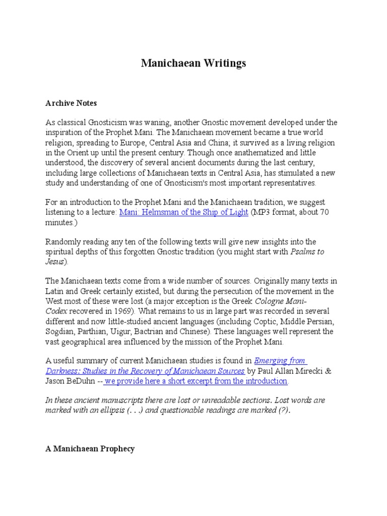 Manichaean Scriptures and Insights | PDF | Thou | Jesus