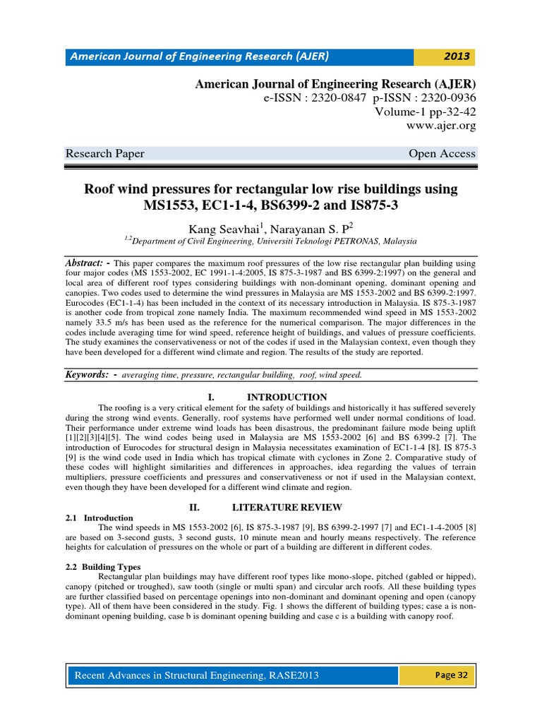 Roof Wind Pressures For Rectangular Low Rise Buildings Using MS1553, EC1-1-4, BS6399-2 and IS875 ...