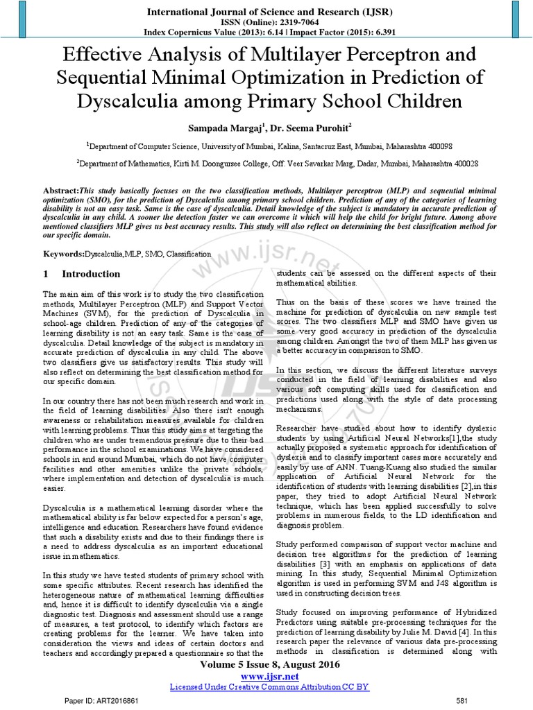 Effective Analysis of Multilayer Perceptron and Sequential Minimal Optimization in Prediction of ...