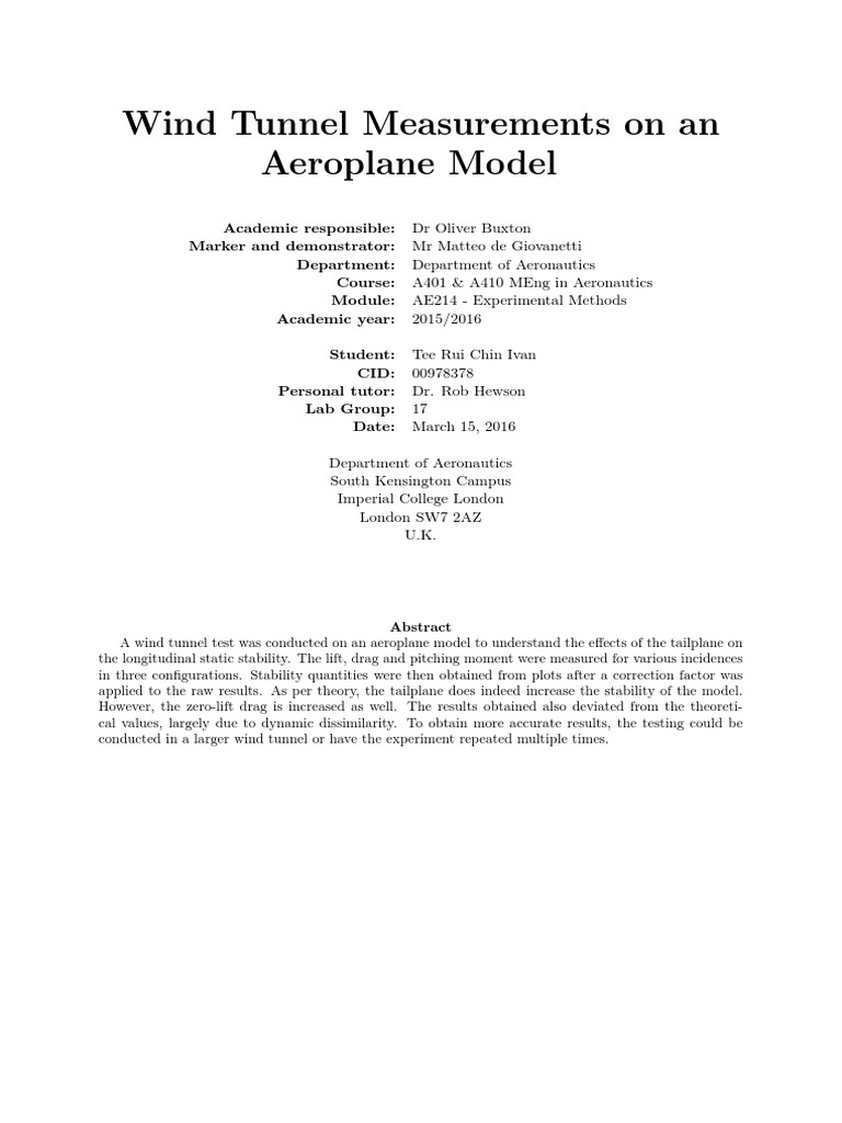 Year 2 Lab - Wind Tunnel | PDF | Stall (Fluid Mechanics) | Wind Tunnel