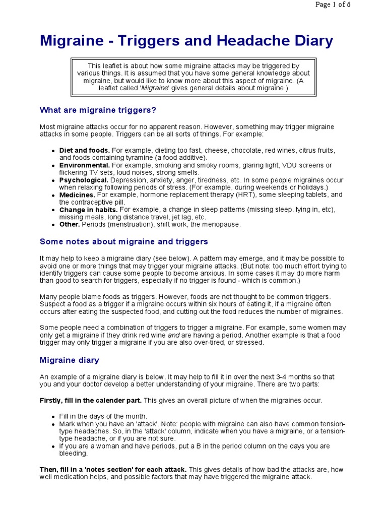 Migraine - Triggers and Headache Diary.pdf | Migraine | Medical Specialties
