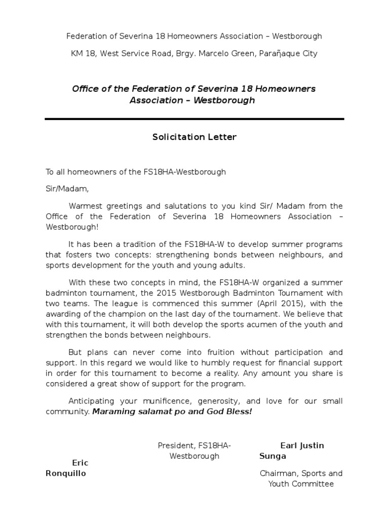2015 WB Badminton Tourney Solicitation Letter | PDF