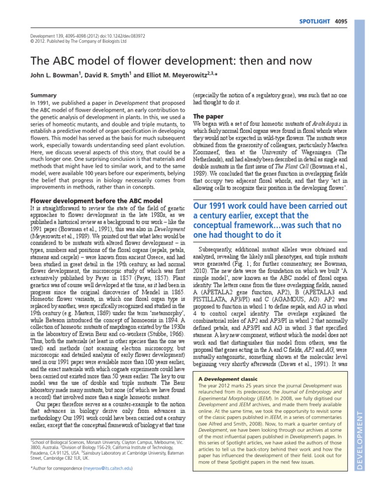 The ABC Model of Flower development-Then&Now Bowmann Et Al 2012 ...