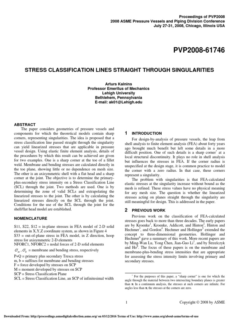Asme - Stress Classification Lines Straight Through Singularities | PDF ...