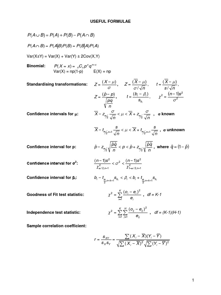 Useful Formulae and Tables | PDF
