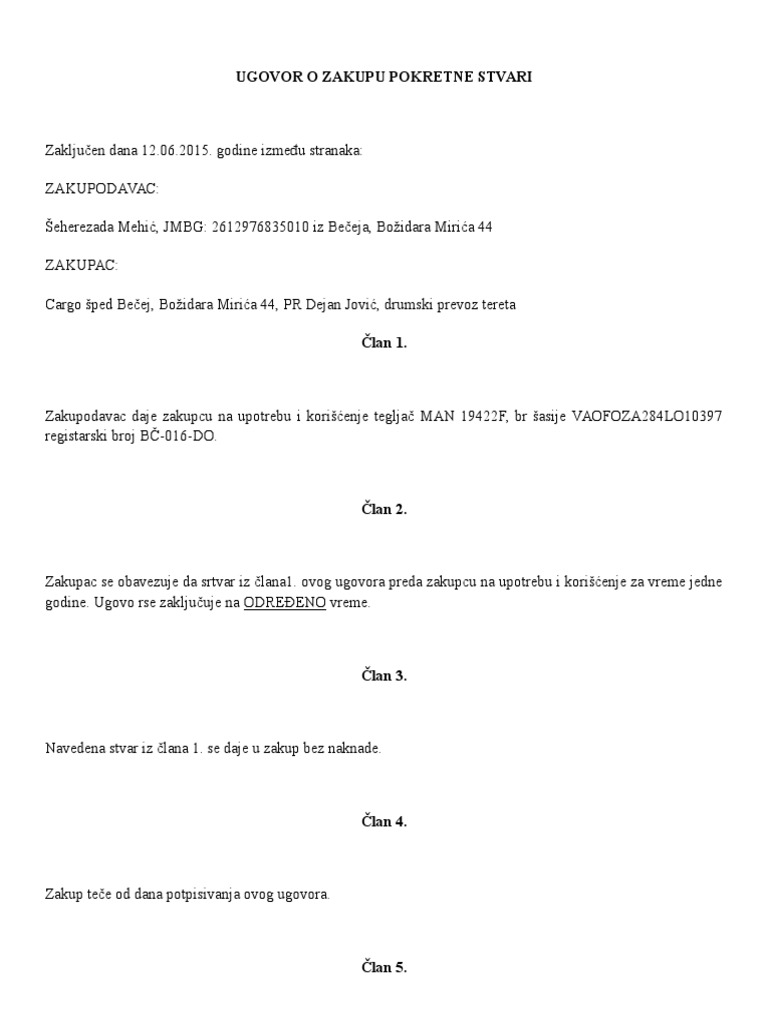 Ugovor o Zakupu Pokretne Stvari | PDF