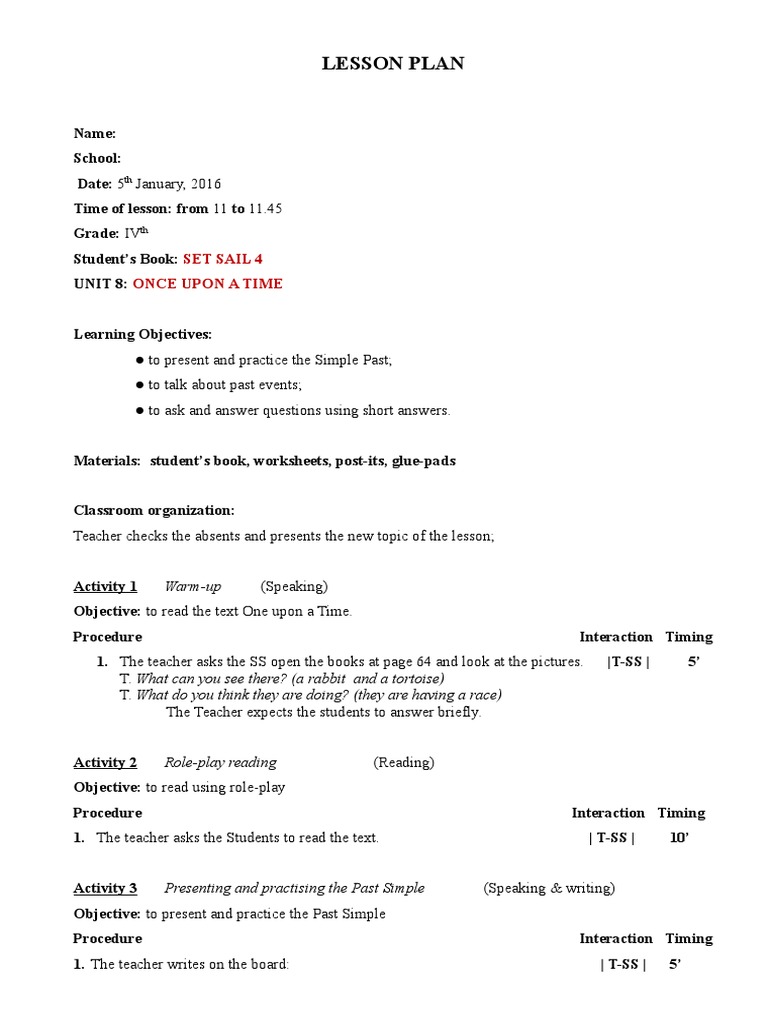 Lesson Plan: Set Sail 4 Once Upon A Time | PDF | Lesson Plan | Teachers