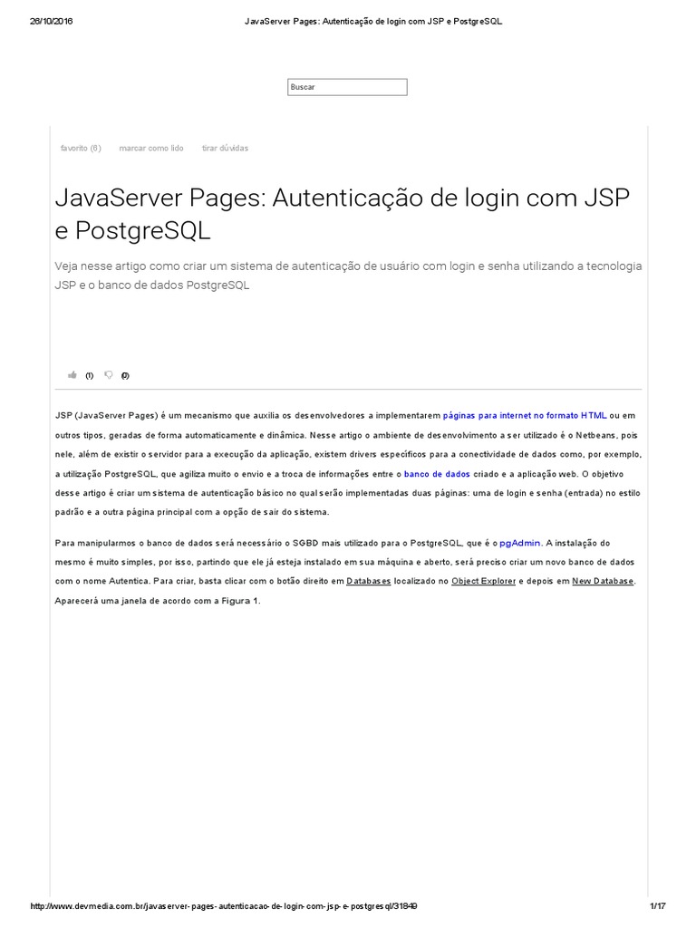 JavaServer Pages - Autenticação de Login Com JSP e PostgreSQL | PDF ...