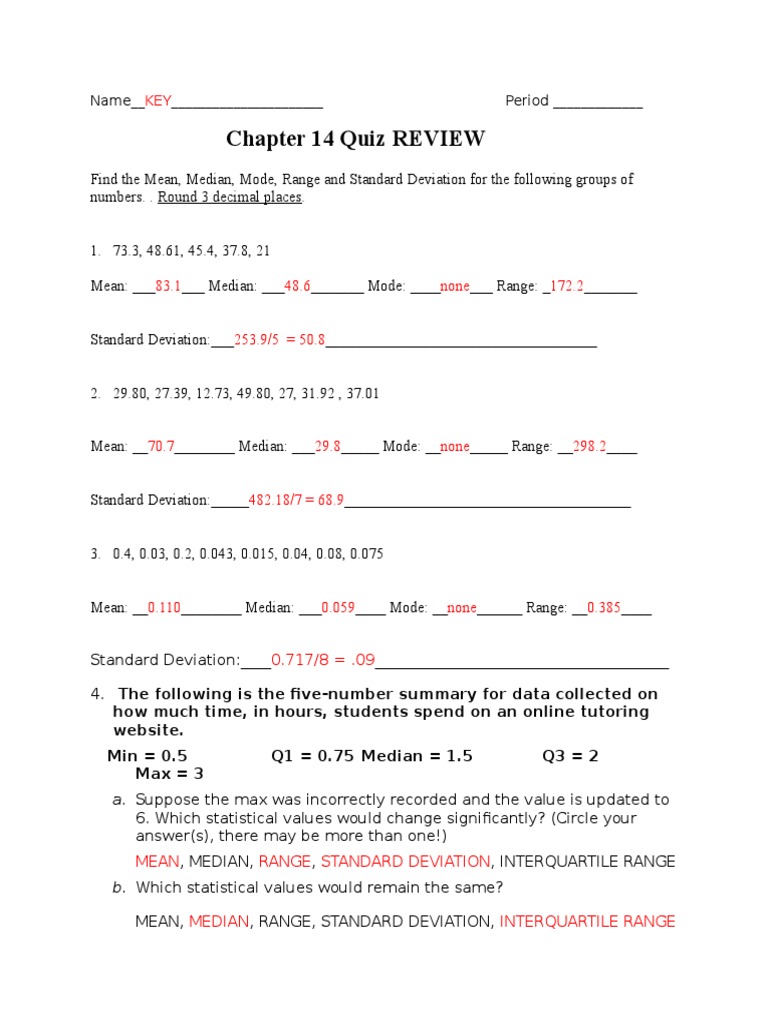 Chapter 14 REVIEW Answer Key | PDF | Median | Mode (Statistics)