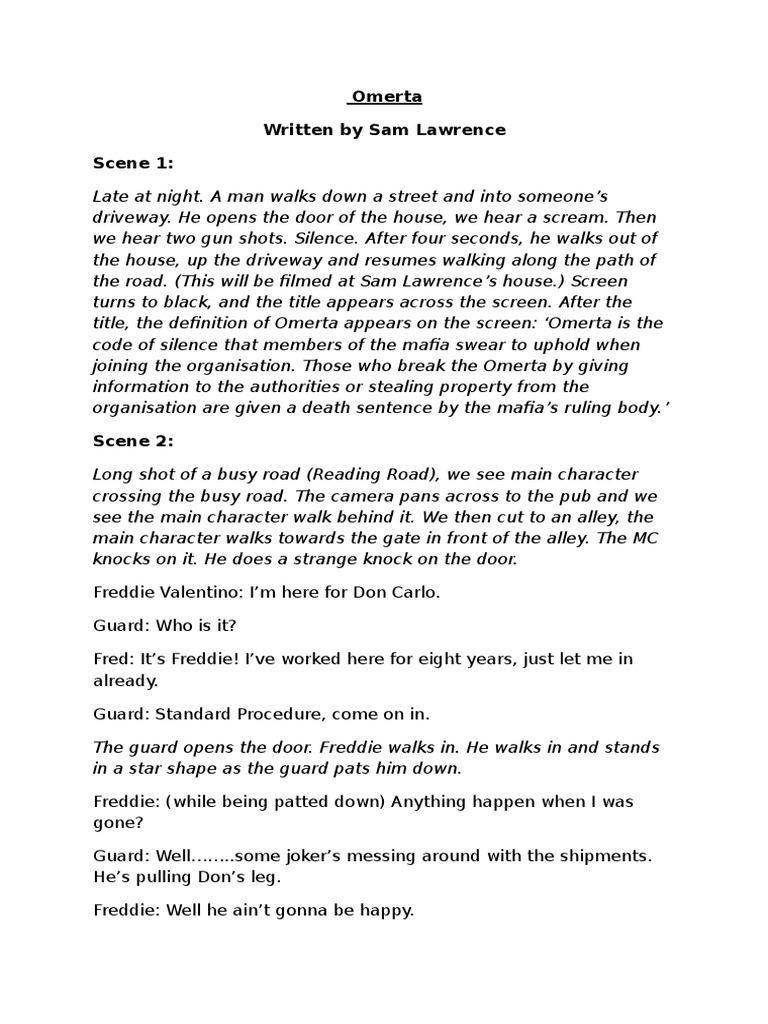 Omerta - Screenplay | PDF | Leisure | Violence