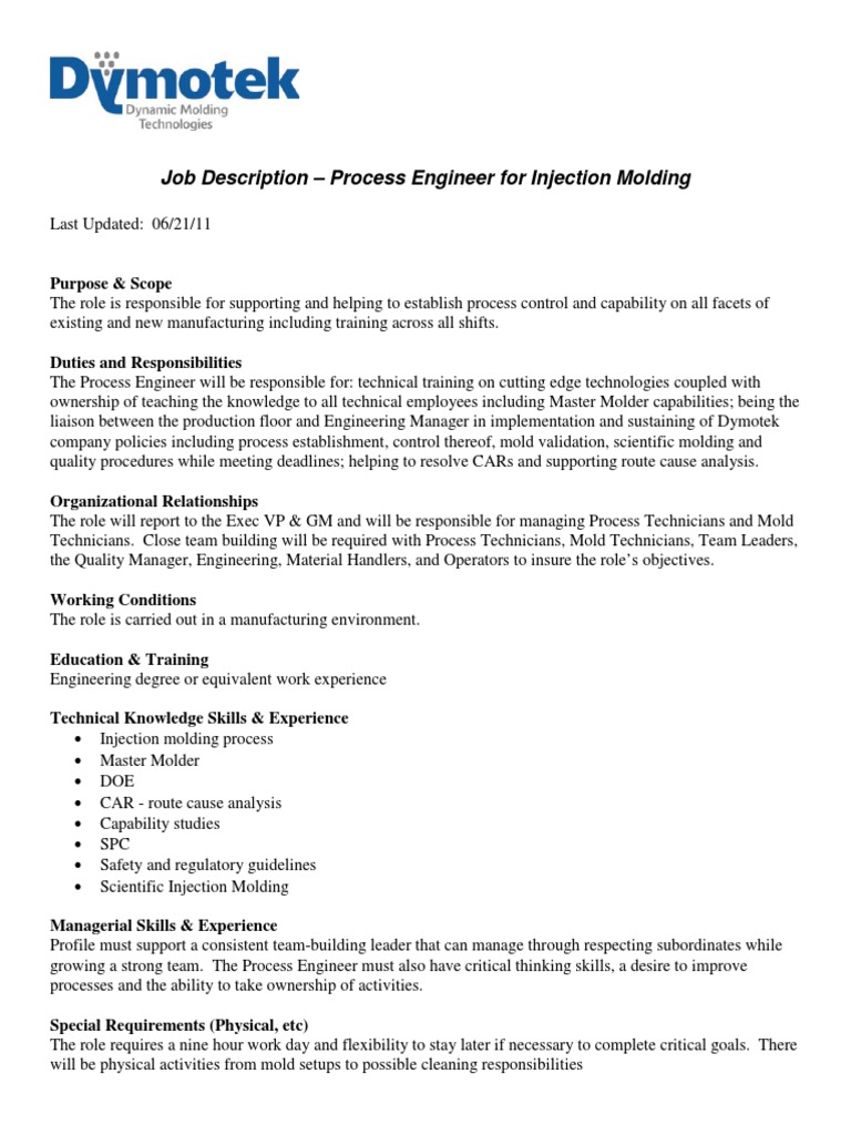 Job Description - Process Engineer For Injection Molding: Purpose ...