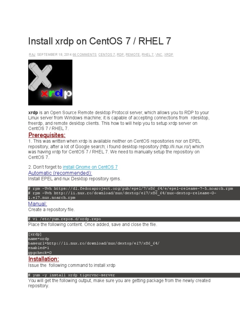 Install xrdp on CentOS 7/RHEL 7 for RDP access | PDF | Software Repository | Fedora (Operating ...