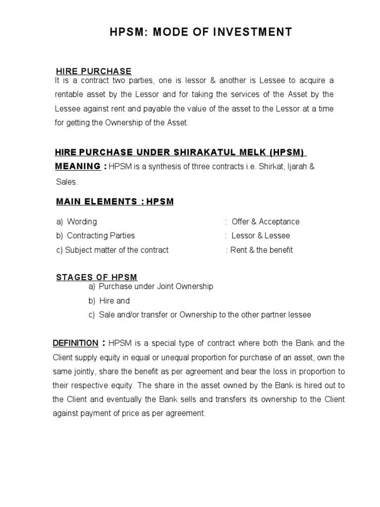 HPSM Mode of Investment | PDF | Lease | Private Law