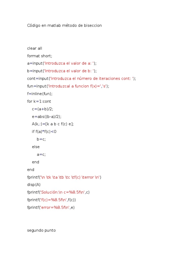 Código en Matlab Método de Biseccion | PDF