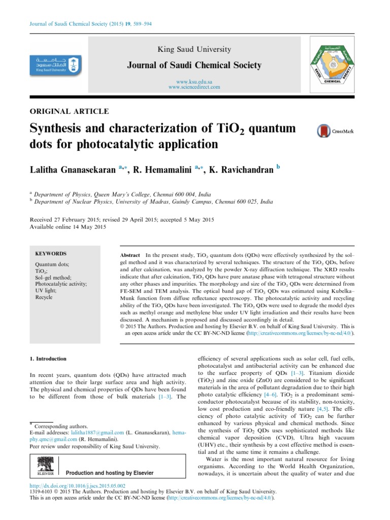 Synthesis and Characterization of TiO2 Quantum Dots For Photocatalytic Application | Download ...