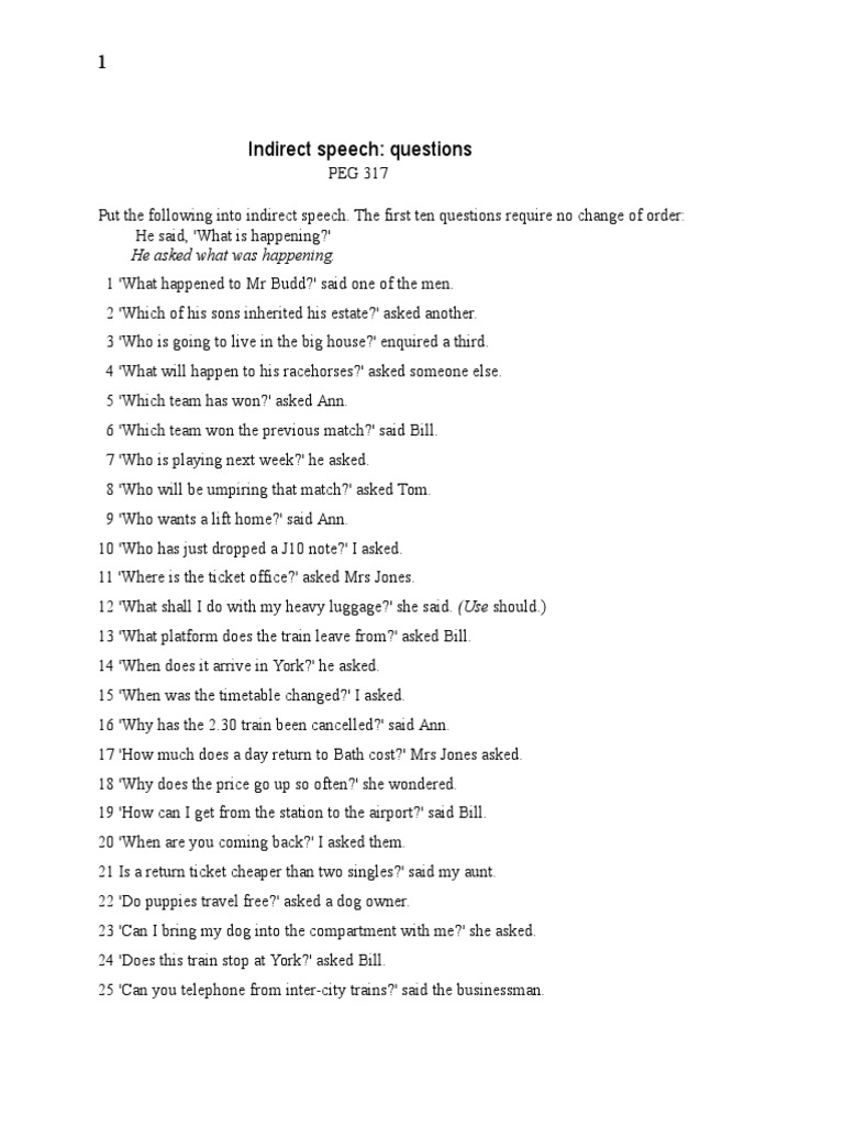 Indirect Speech: Question Exercises | PDF | Sports & Recreation