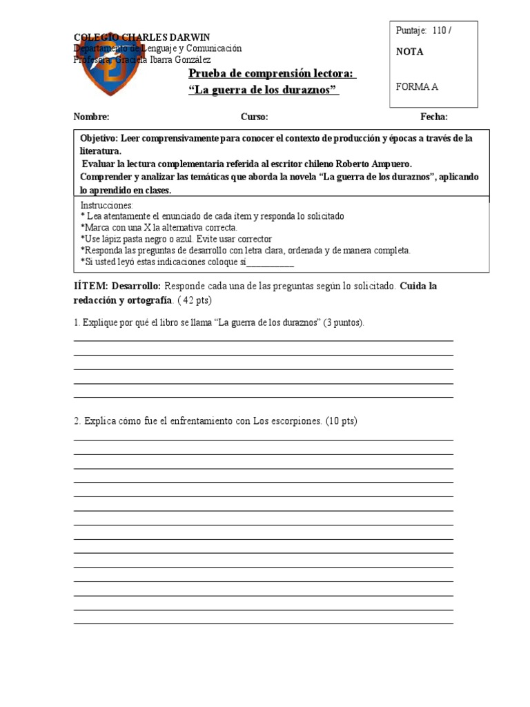 Prueba de comprensión: La guerra de los duraznos | PDF | Chile ...
