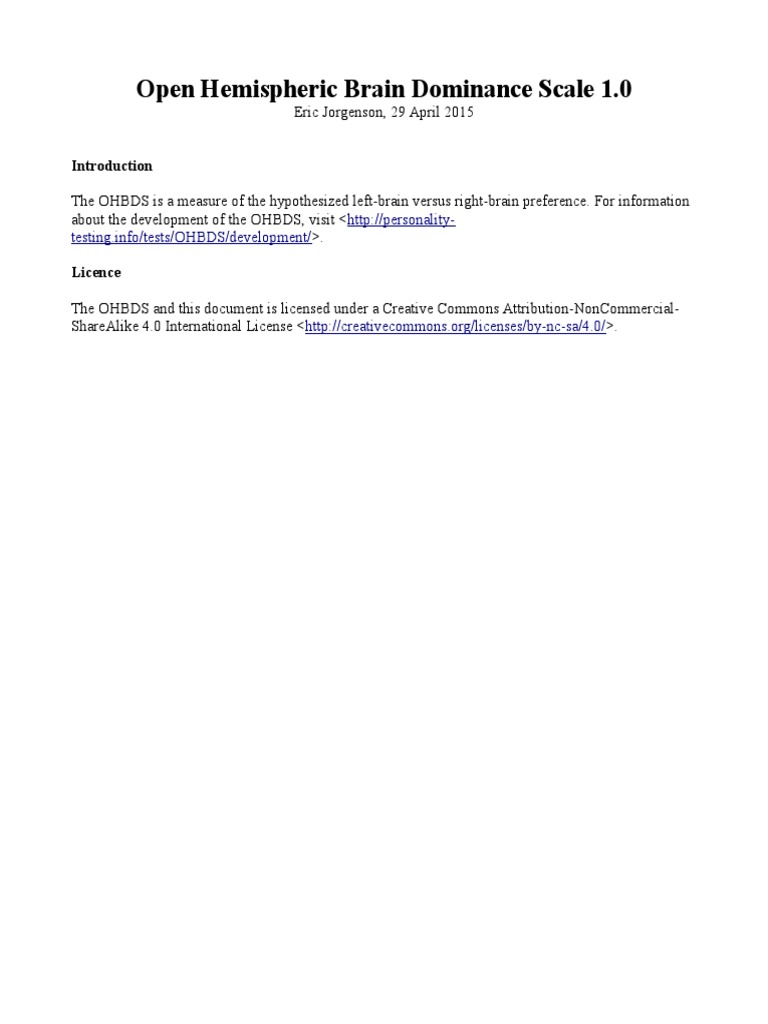 Brain Dominance Scale | PDF | Psychology | Psychological Concepts