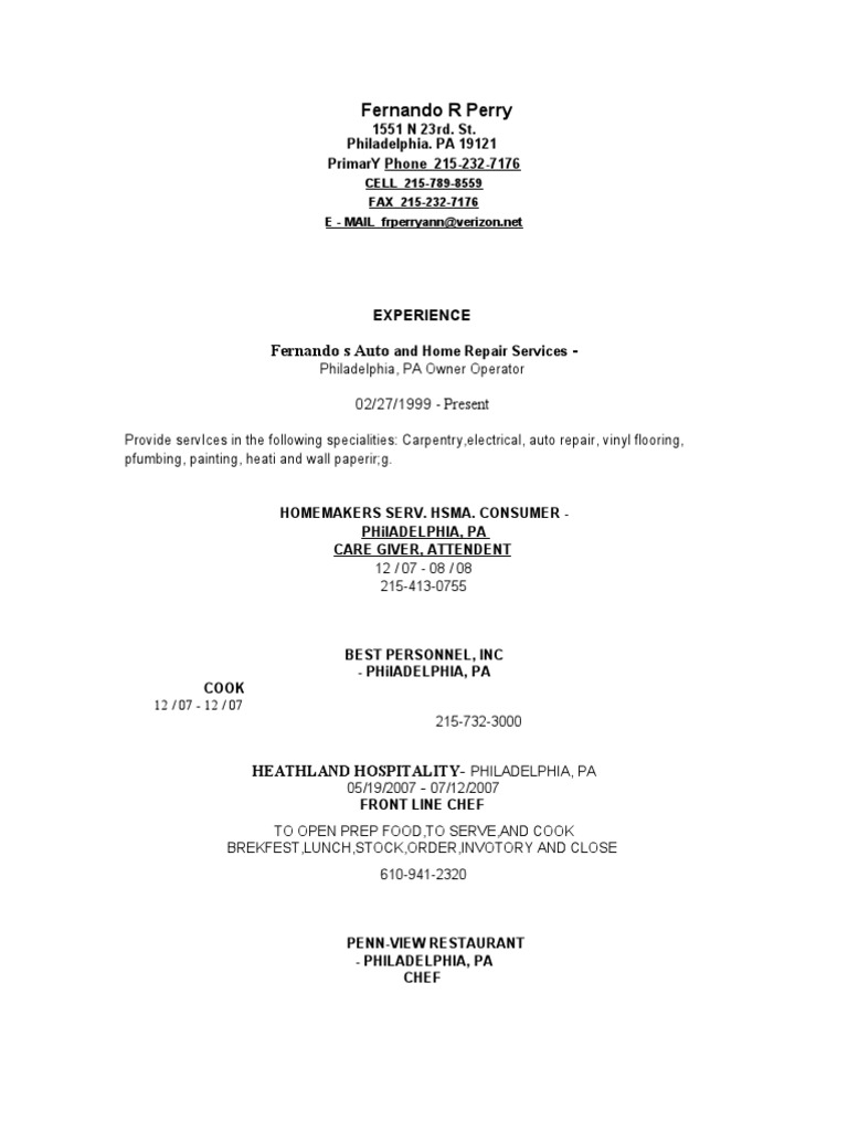 Fernando's Resume | PDF | Chef | Foods