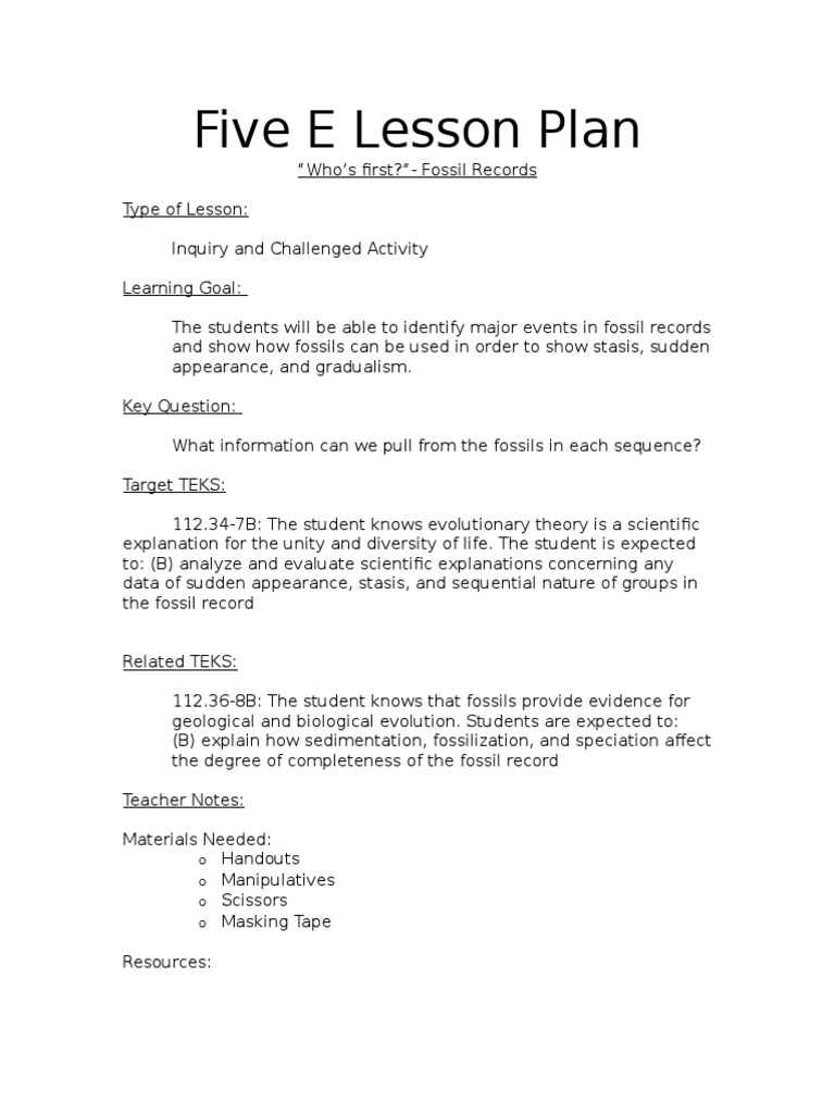 Fossil Records: Five E Lesson Plan | PDF | Fossil | Lesson Plan