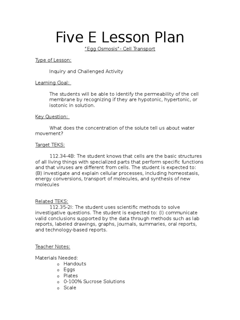Five e Lesson Plan - Egg Osmosis | PDF | Osmosis | Cognition