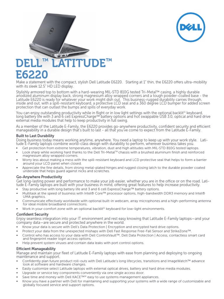 Latitude E6220 Spec Sheet | PDF | Laptop | Wi Fi