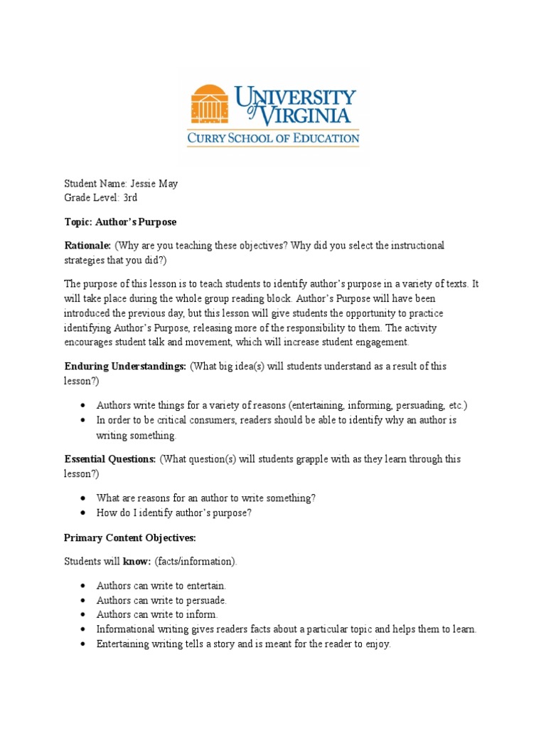 Authors Purpose Lesson Plan | PDF | Educational Assessment | Applied ...