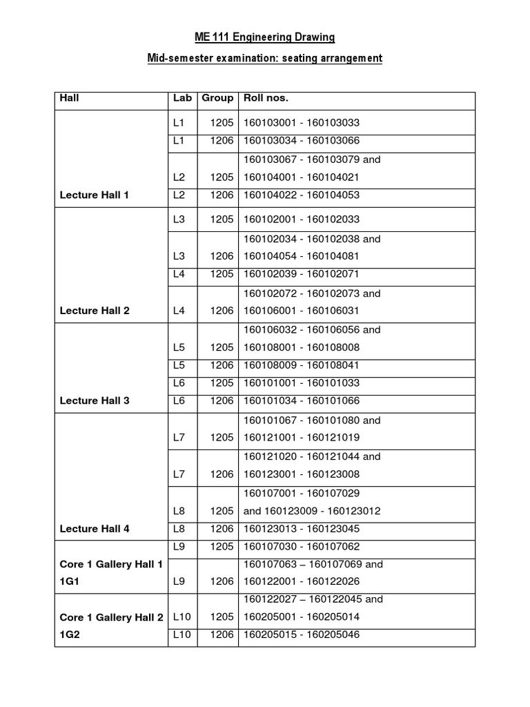 ME 111 Mid-Sem Seating Arrangement | PDF