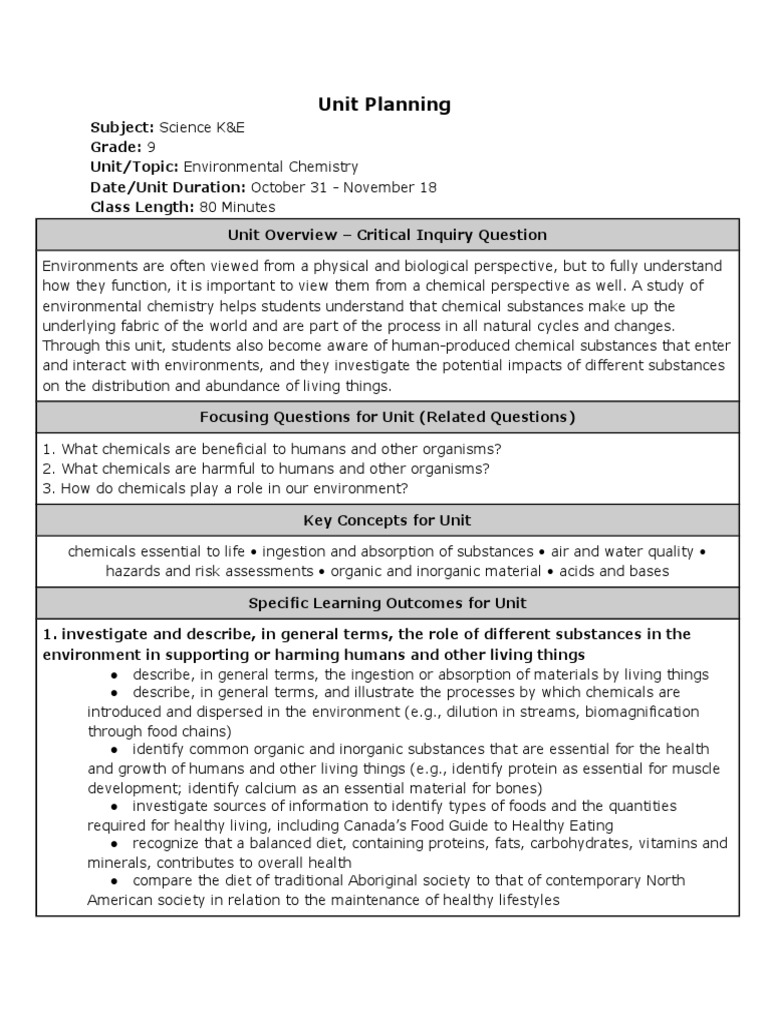 Environmental Chemistry Unit Plan | PDF | Water Quality | Water