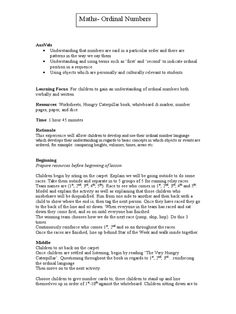 Maths Ordinal Numbers-Lesson Plan | PDF | Epistemology | Cognition