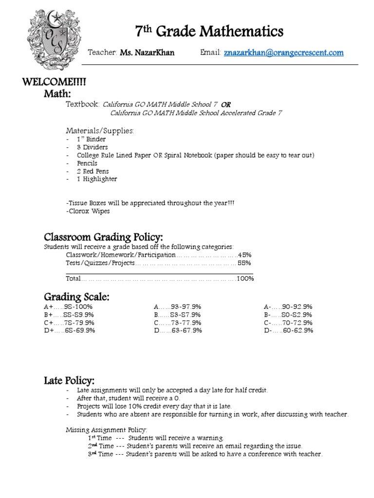 7th Grade Math Syllabus 2016-17 | PDF | Homework | Pedagogy