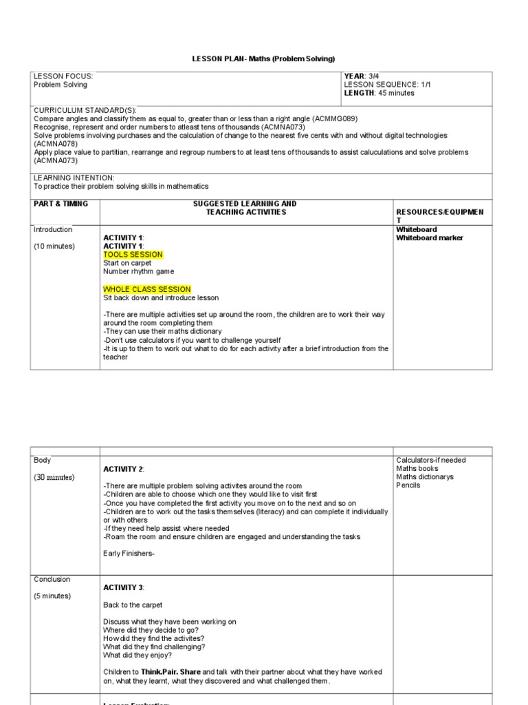 Year 3/4 Maths Problem Solving Plan | PDF | Language Arts & Discipline ...