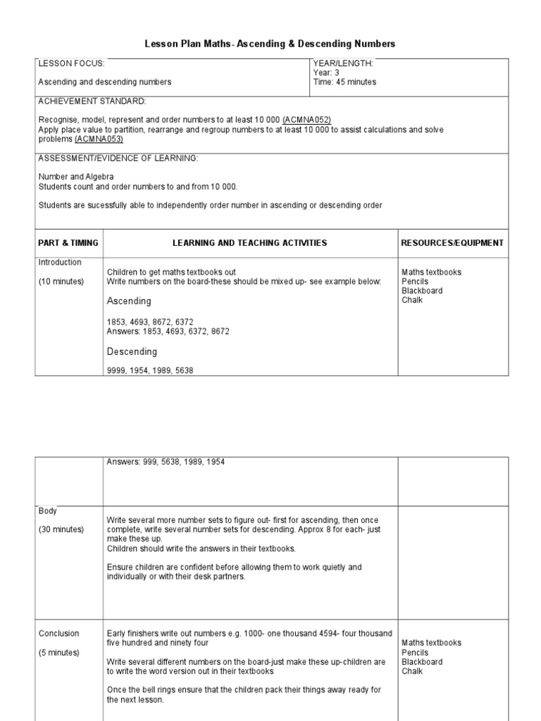 Lesson Plan Maths - Ascending Descending Numbers | PDF | Textbook ...
