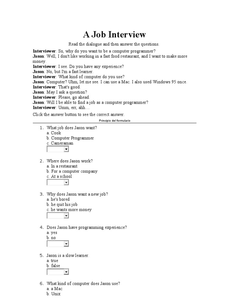 A Job Interview (Reading Practice-Unit 8) | PDF