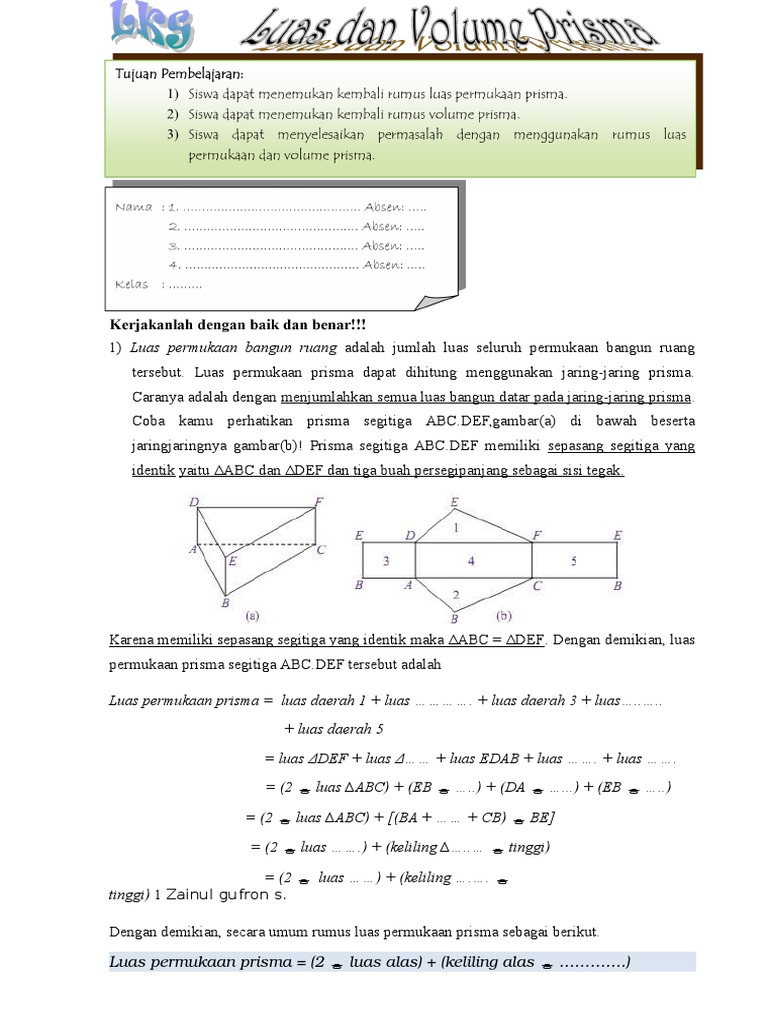 1) Menghitung Luas Permukaan Prisma 2) Menentukan Rumus Volume Balok ...