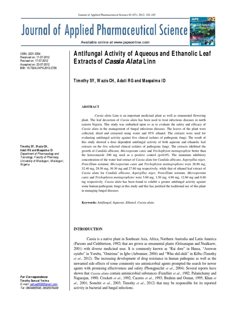Antifungal Activity of Aqueous and Ethanolic Leaf Extracts of Cassia Alata Linn | PDF ...
