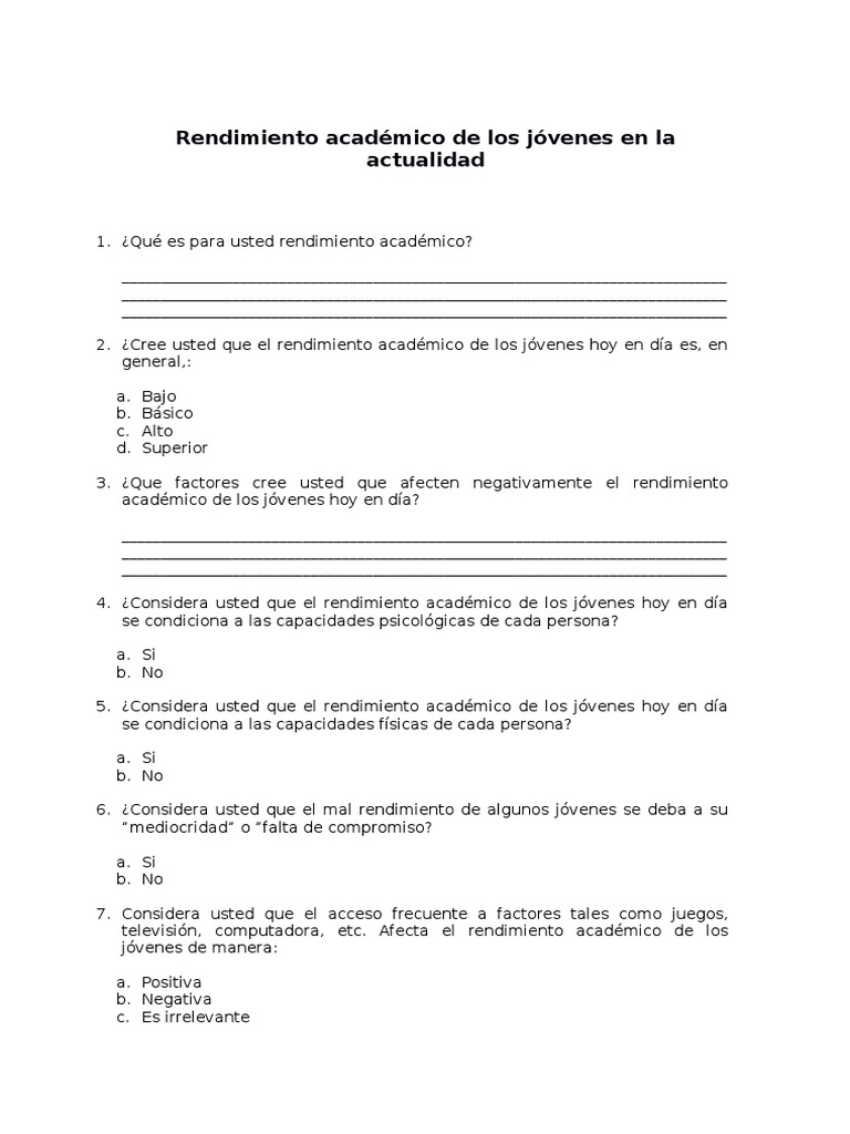 Encuesta Rendimiento Academico | PDF | Aprendizaje | Cognición