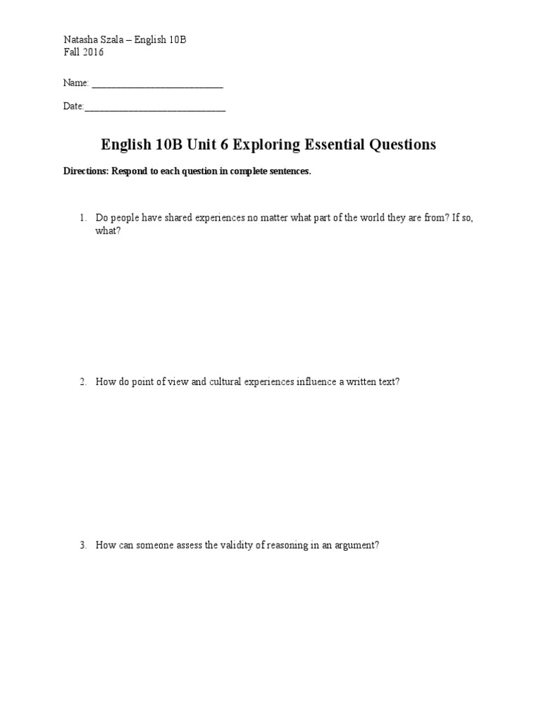G 15-1 Unit 6 Essential Questions Handout | PDF