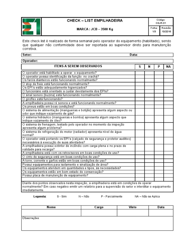 CheckList Empilhadeira JCB | PDF