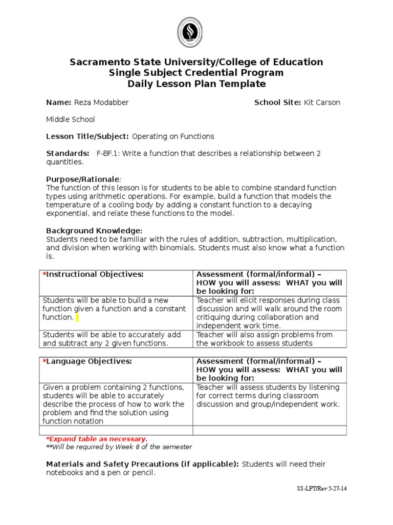 Sacramento State University/College of Education Single Subject Credential Program Daily Lesson ...