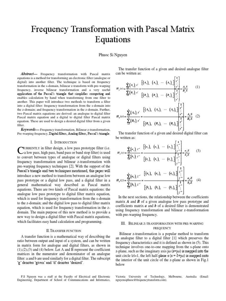 Frequency transformation with Pascal matrix equations | Low Pass Filter ...