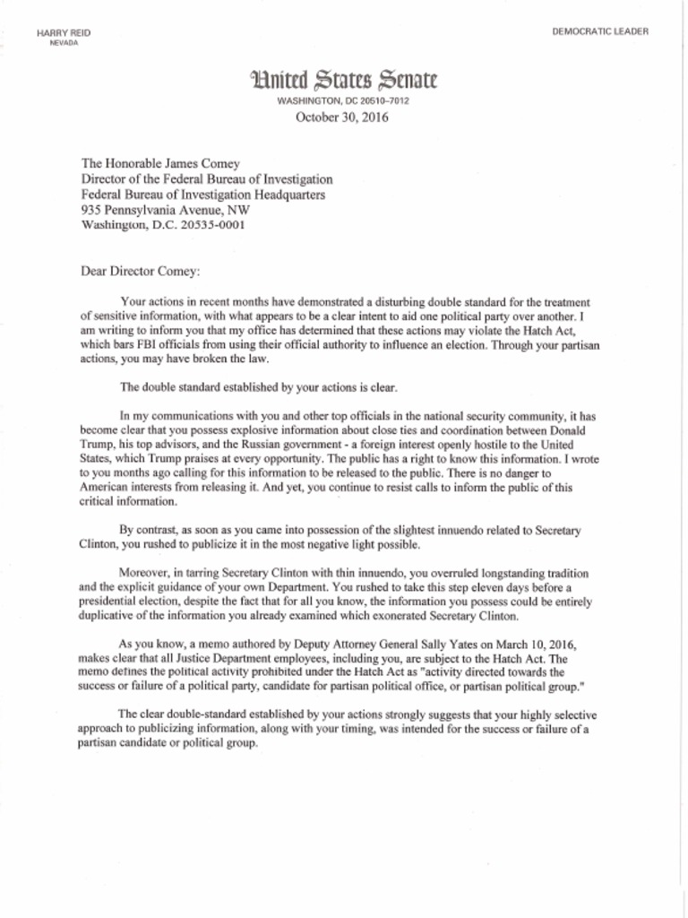 Harry Reid Letter To Director Comey 10-30-2016 | PDF